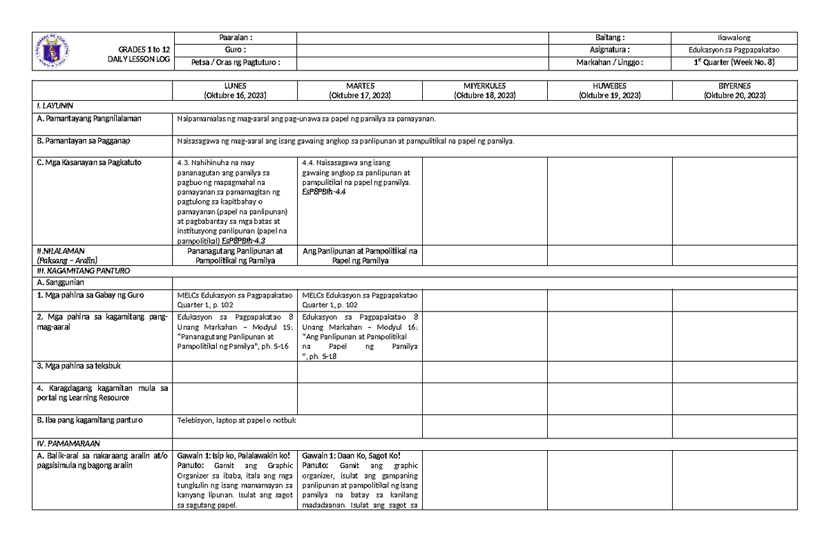 DLL-ESP8 W8 - Copy - DLL - GRADES 1 to 12 DAILY LESSON LOG Paaralan ...