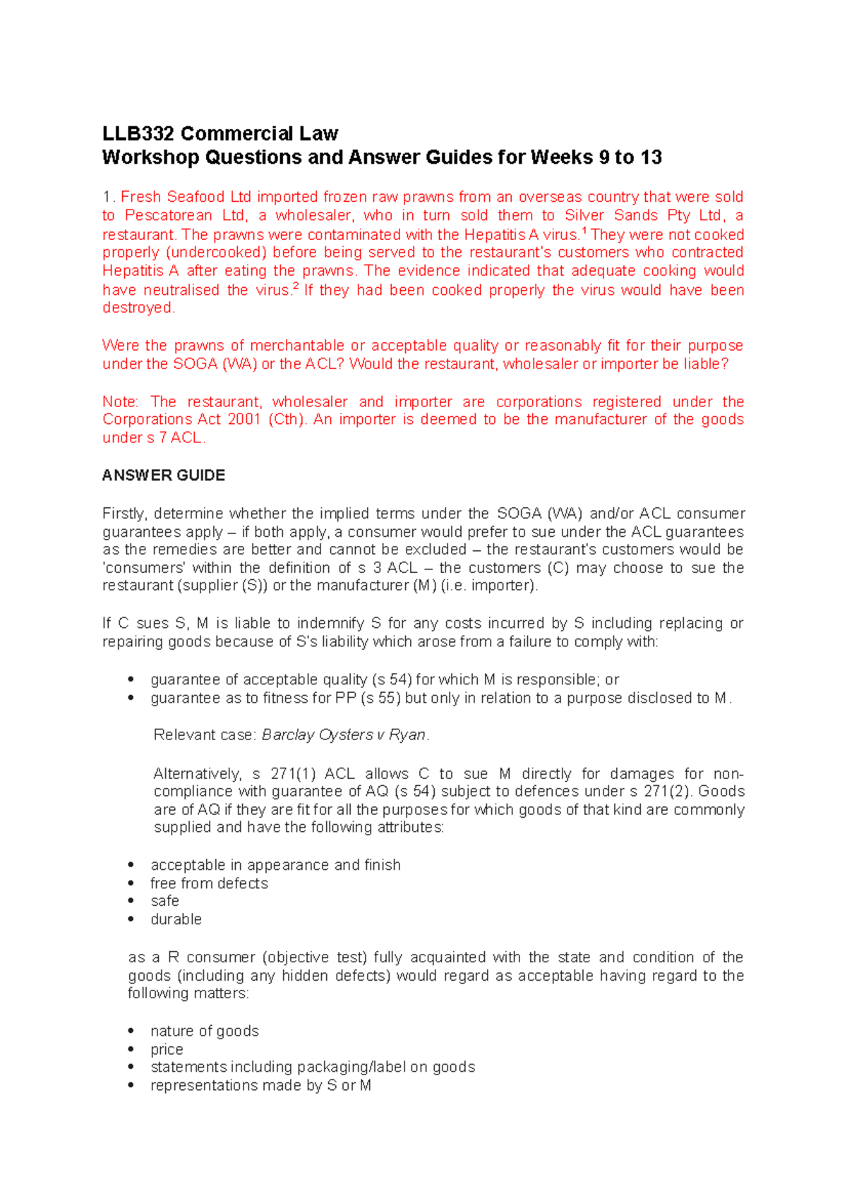 Workshop Questions for Weeks 9 - 14 - LLB332 Commercial Law Workshop ...