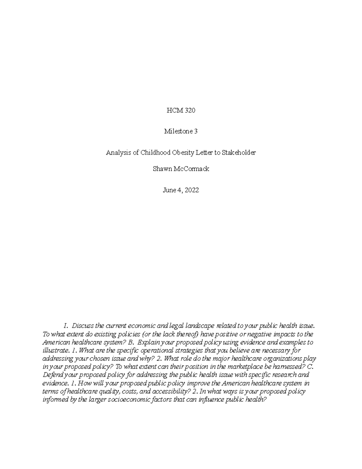 HCM 320 Analysis of Childhood Obesity Letter to Stakeholder - HCM 320 ...