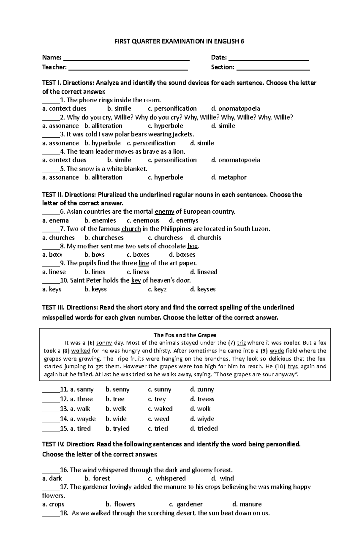 PT English 6 Q1 - examination - FIRST QUARTER EXAMINATION IN ENGLISH 6 ...