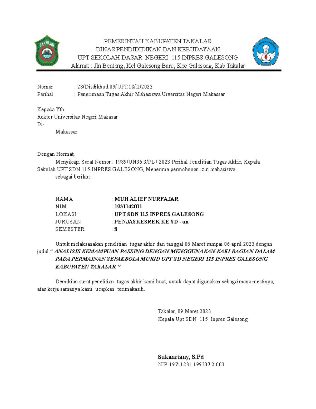 Surat SD 115 Inpres ALIF - PEMERINTAH KABUPATEN TAKALAR DINAS ...
