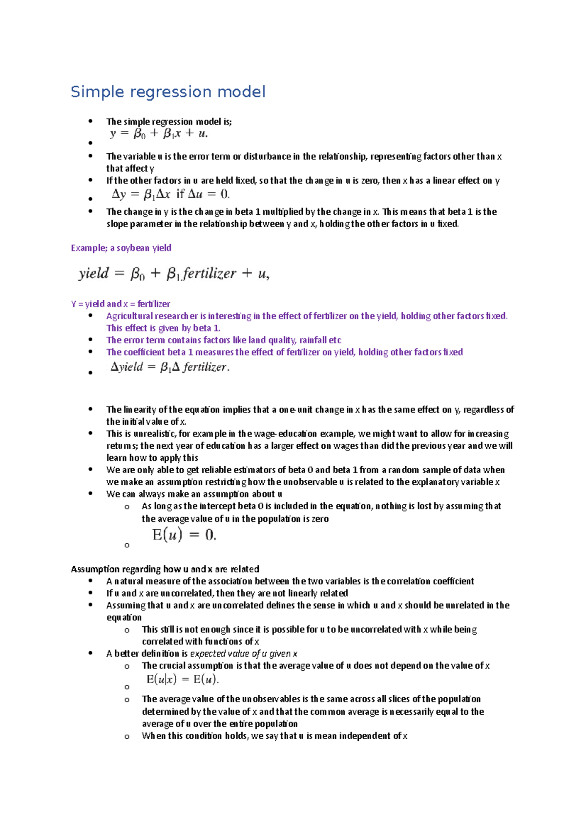 ECON2206 textbook Notes - Simple regression model The simple regression ...