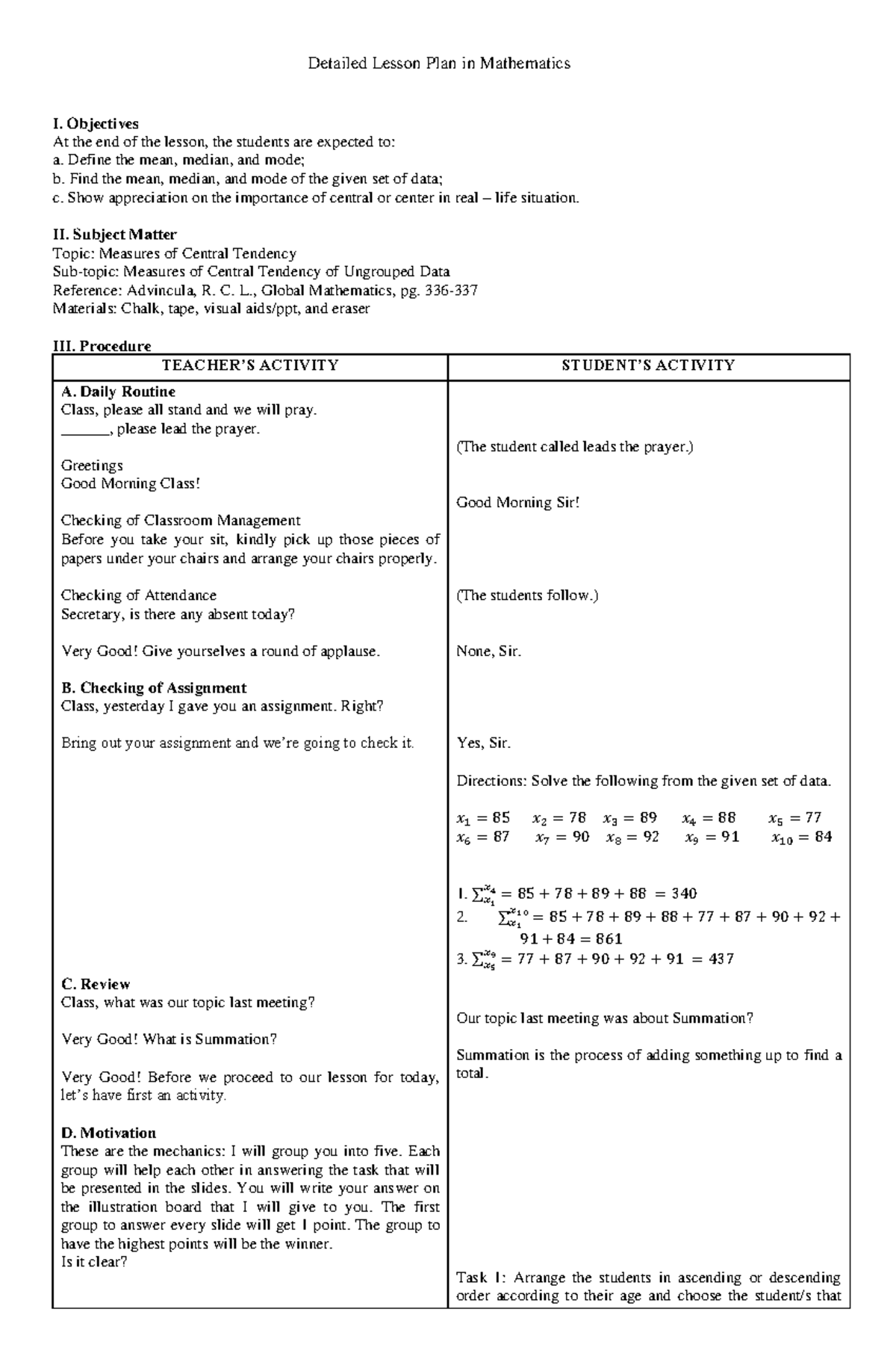 Lesson Plan Central Tendency - Detailed Lesson Plan in Mathematics I ...