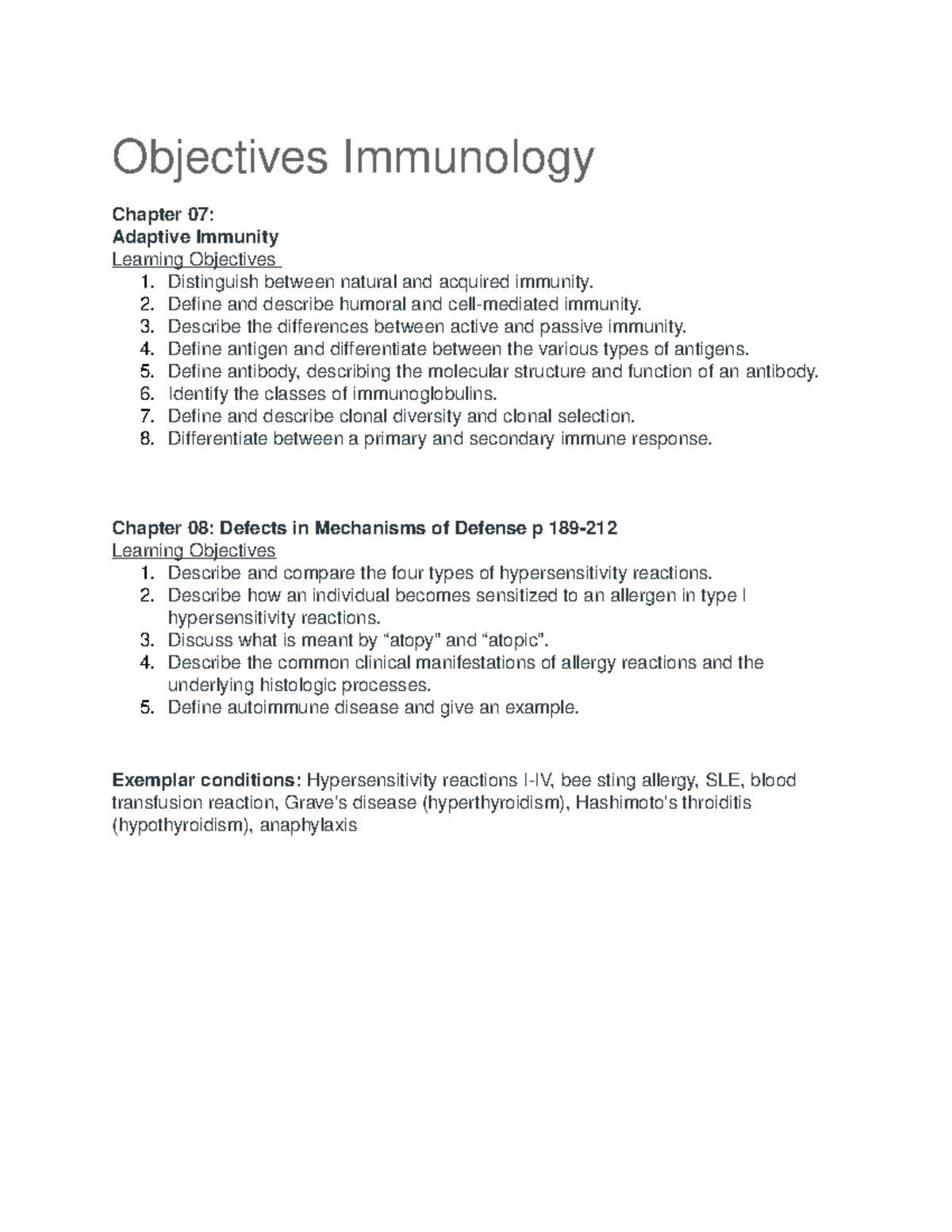 Objectives Immunology Sp19 - Objectives Immunology Chapter 07: Adaptive ...