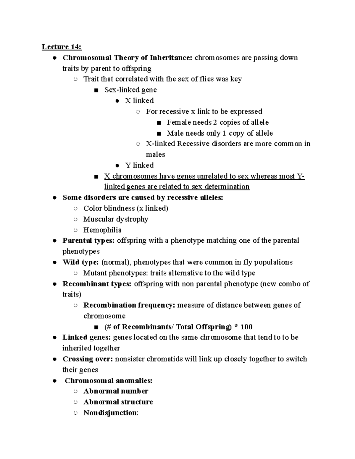 Bio002 Lecture Notes 14,15 - Lecture 14: Chromosomal Theory of ...