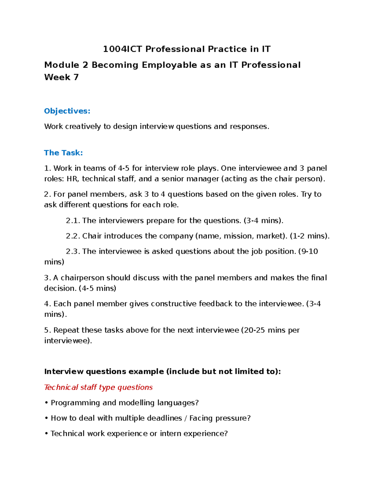 1004ICT Workshop Week 7 - 1004ICT Professional Practice in IT Module 2 ...