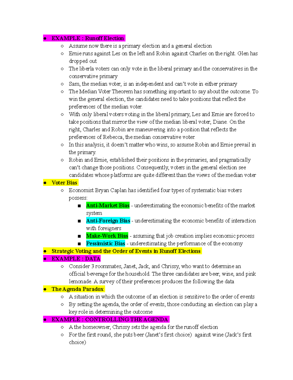 Agendas - EXAMPLE : Runoff Election Assume now there is a primary ...