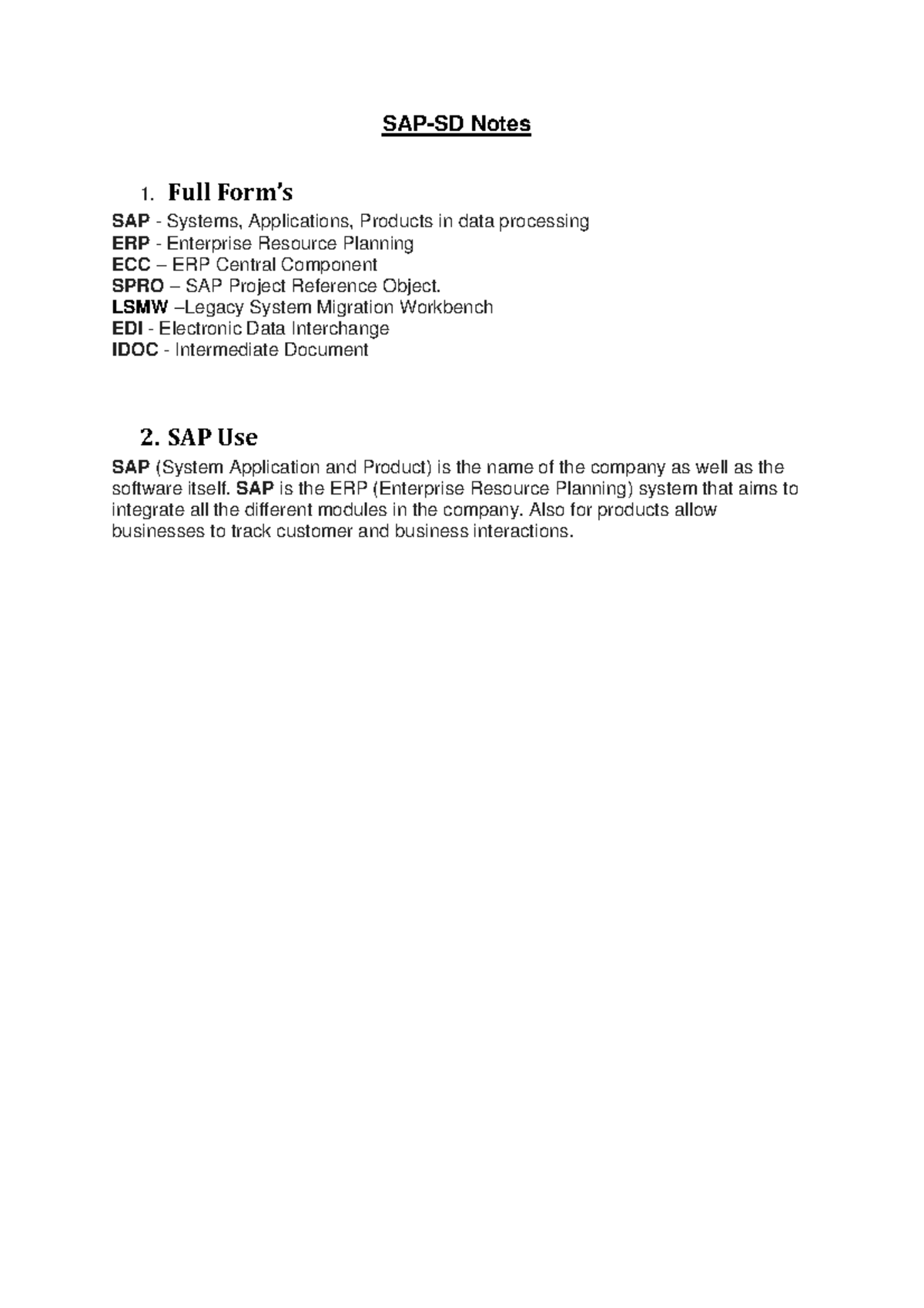 SAP SD QRG - SAP-SD Notes 1. Full Form’s SAP - Systems, Applications ...