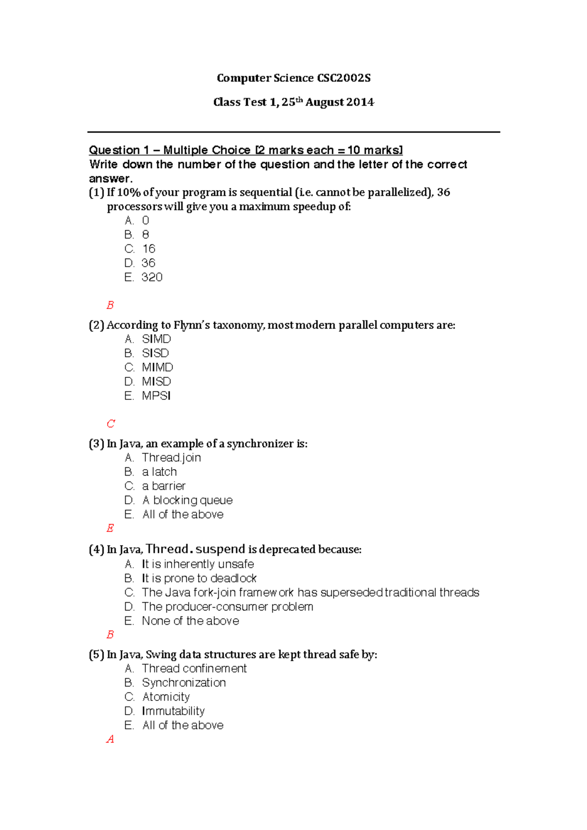Csc2002S Test1 2014 Solutions - !"#$%&'()+,'-+')!!.//.*) - Studocu