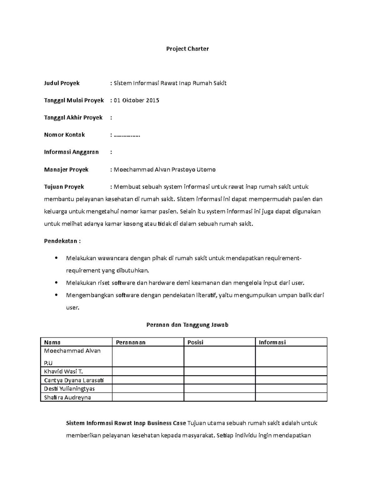 Dokumen - Project Charter Judul Proyek : Sistem Informasi Rawat Inap ...