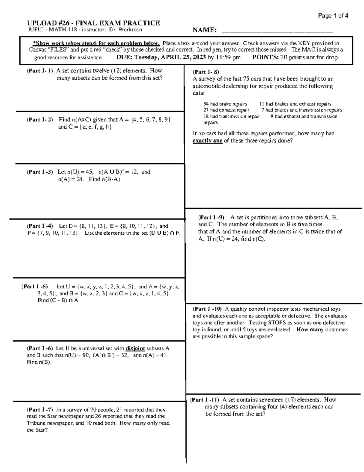 Upload #26 - due April 25 - UPLOAD #26 - FINAL EXAM PRACTICE IUPUI ...