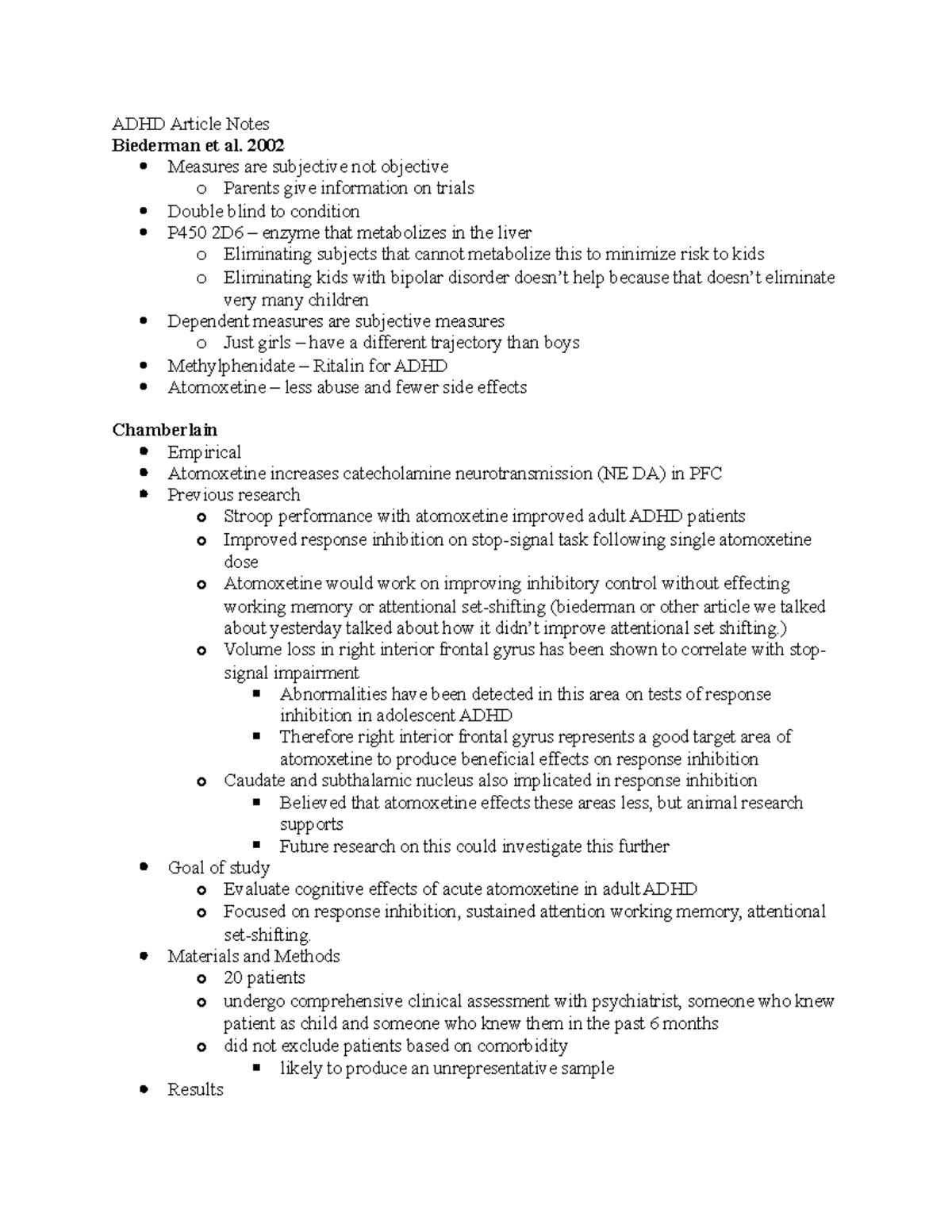 ADHD Article Notes - ADHD Article Notes Biederman et al. 2002 Measures ...