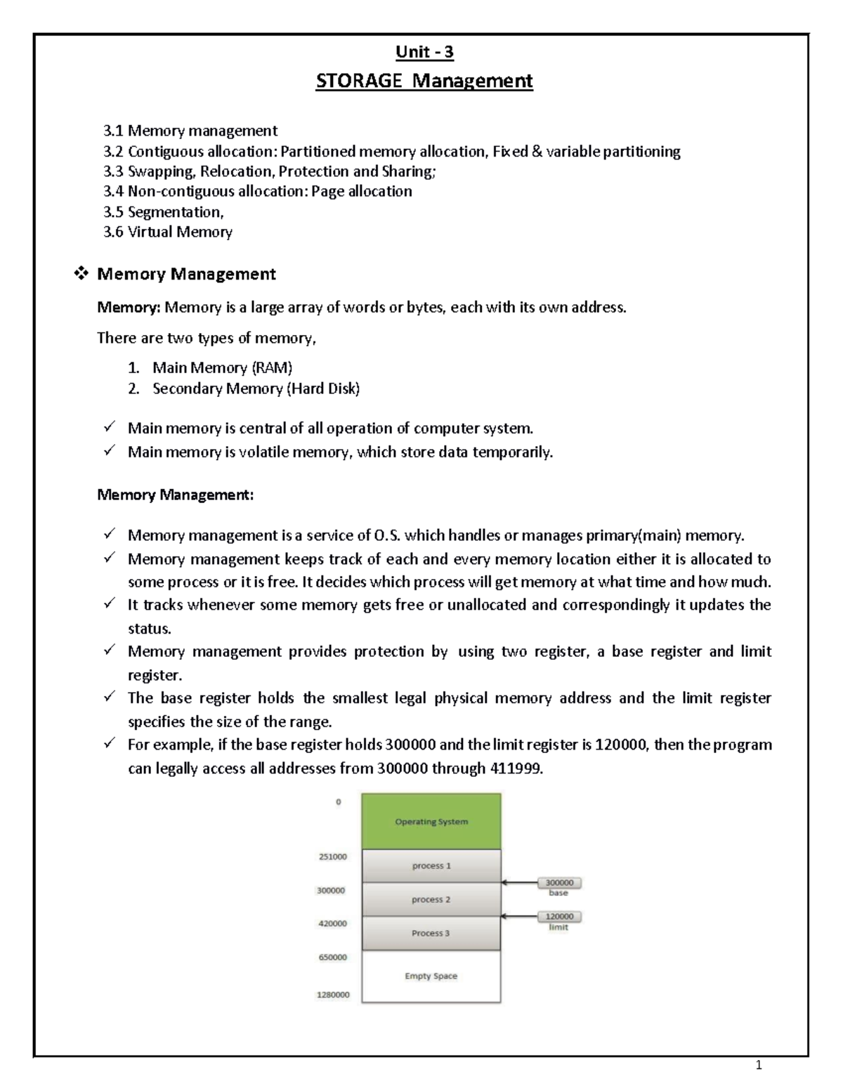 UNIT 3 - qerttyyy - Unit - 3 STORAGE Management 3 Memory management 3 Contiguous allocation ...