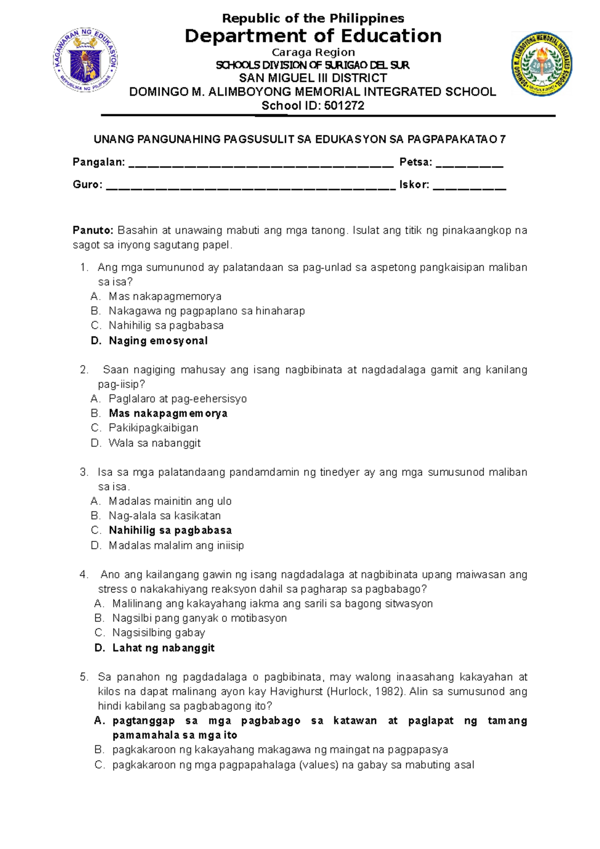 ESP 7 FQ - ESP - UNANG PANGUNAHING PAGSUSULIT SA EDUKASYON SA ...