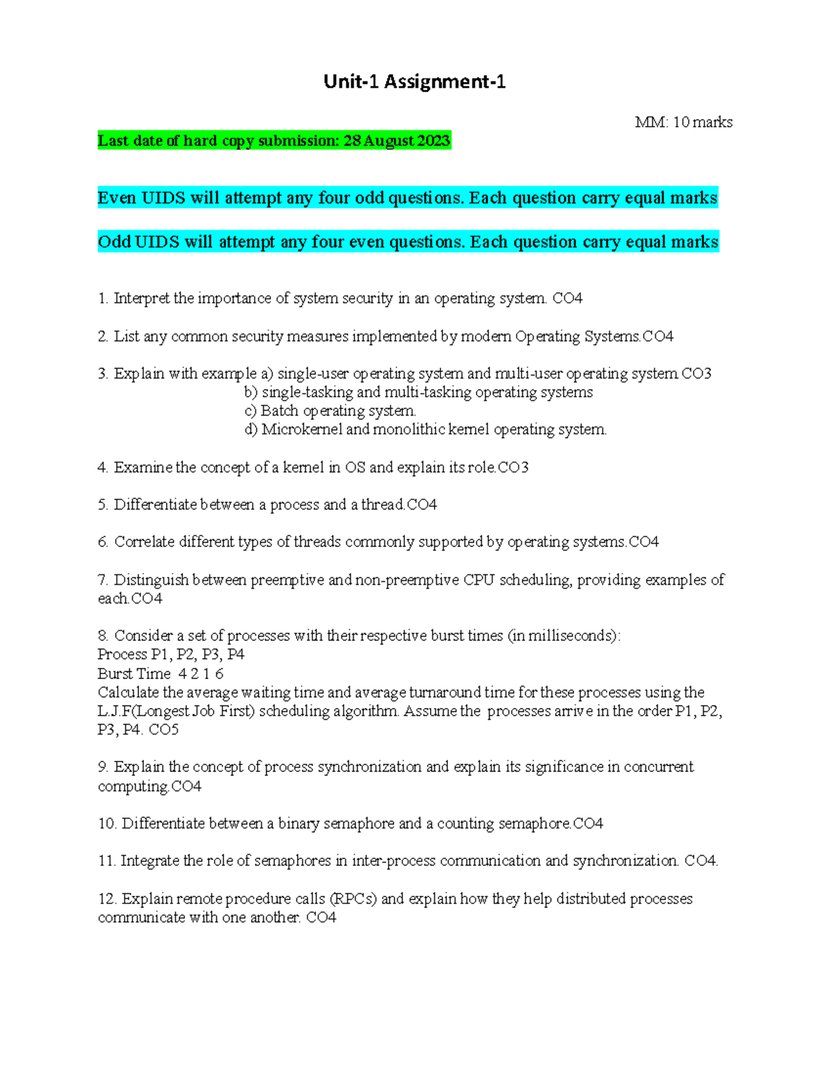 OS Assignment 1 2023 - Unit-1 Assignment- MM: 10 marks Last date of hard copy submission: 28 ...