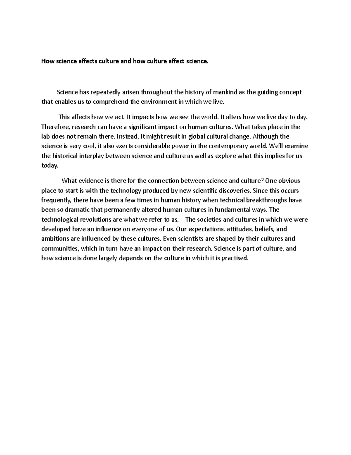 Essay(how science affects culture and vise versa) - How science affects ...