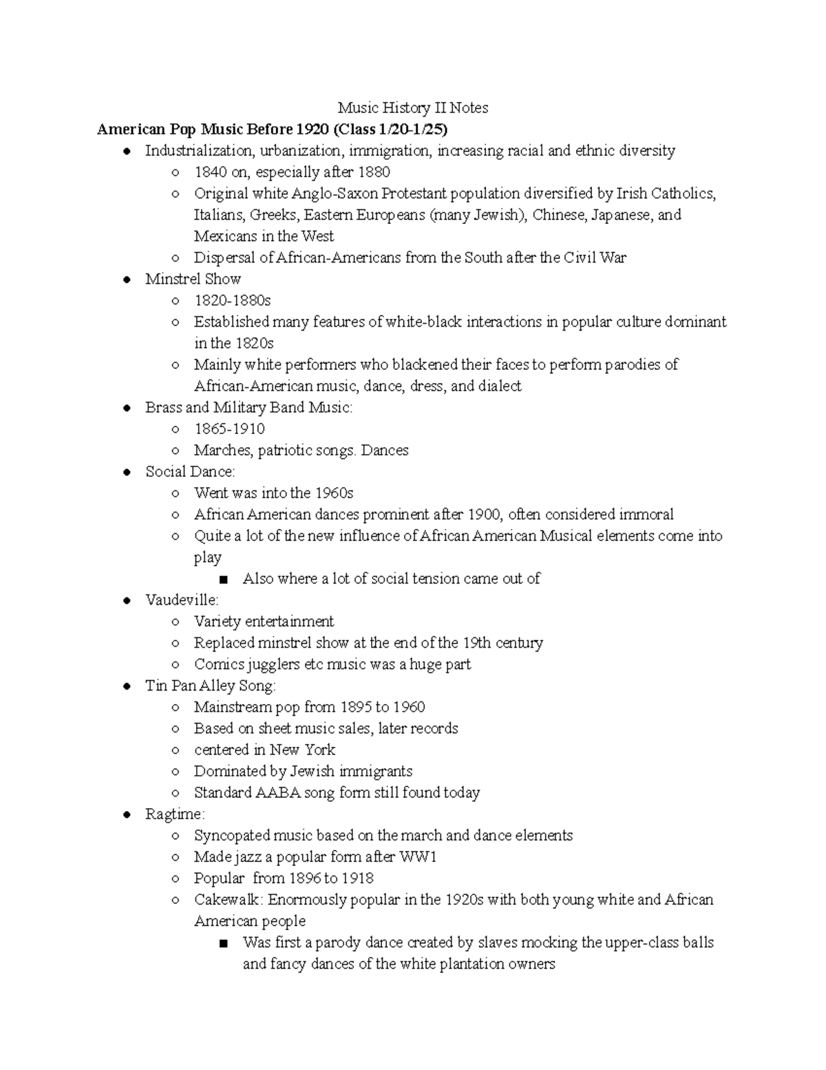 Music History II Notes American Pop Music Before 1920 - Studocu