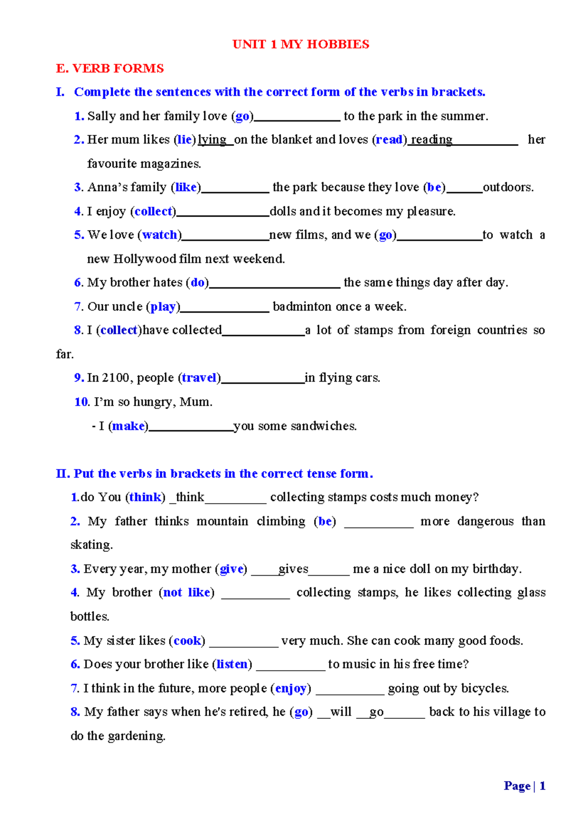 Bài tập Anh 7 theo chuyên đề 5. VERB FORM E7 (UNIT 1-6) - UNIT 1 MY ...