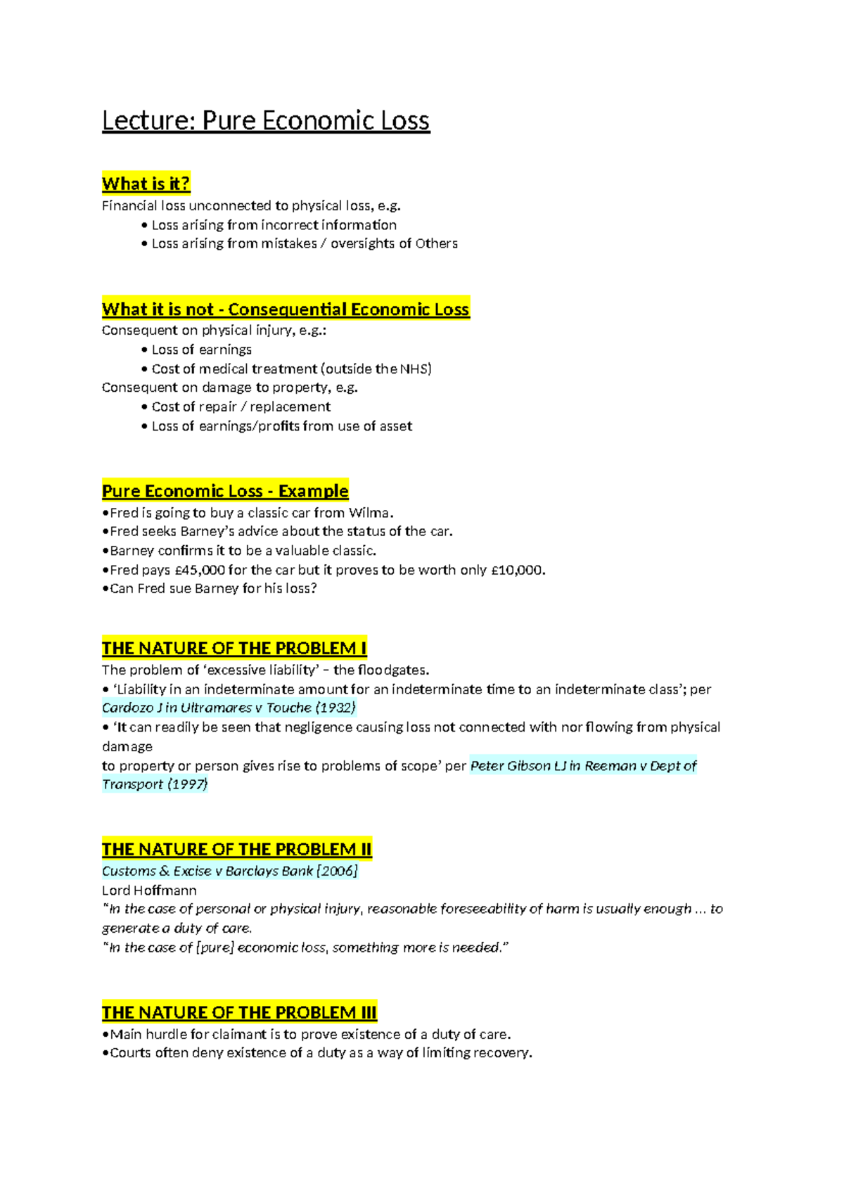 Tort Lecture - Pure Economic Loss - Lecture: Pure Economic Loss What is ...