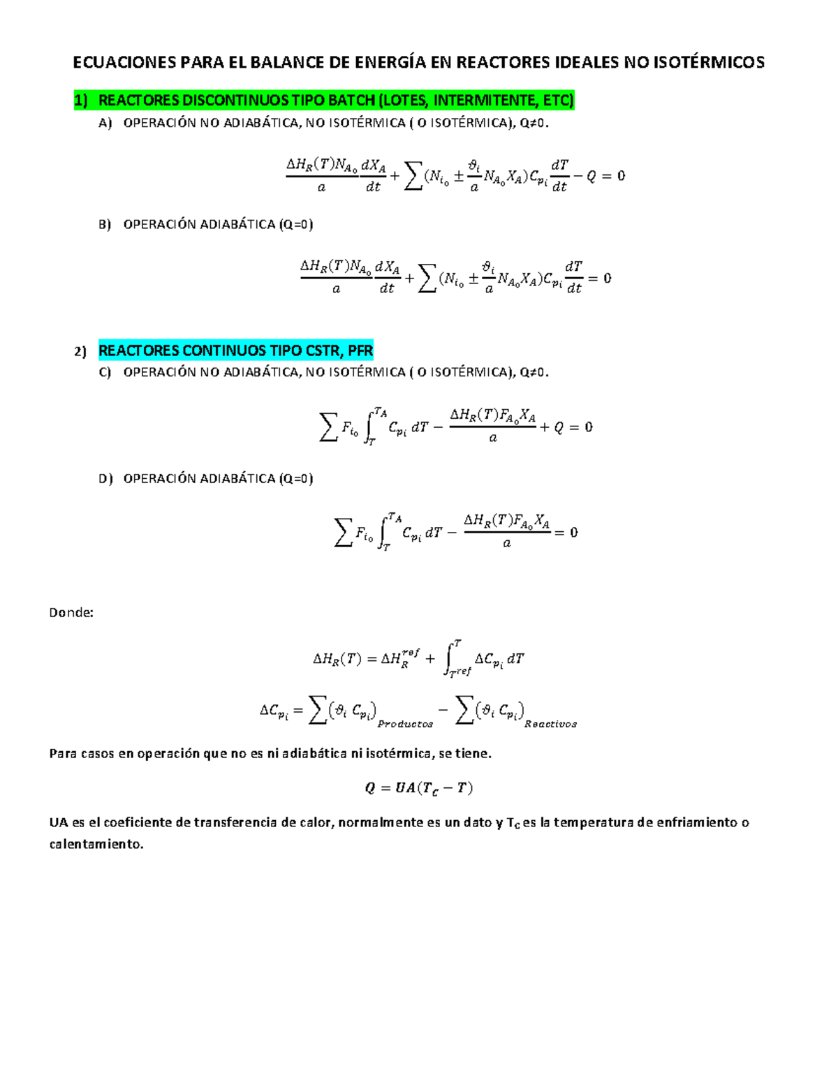 Ecuaciones PARA EL Balance DE Energ-A EN Reactores Ideales NO ISOT- Rmicos - ECUACIONES PARA EL ...