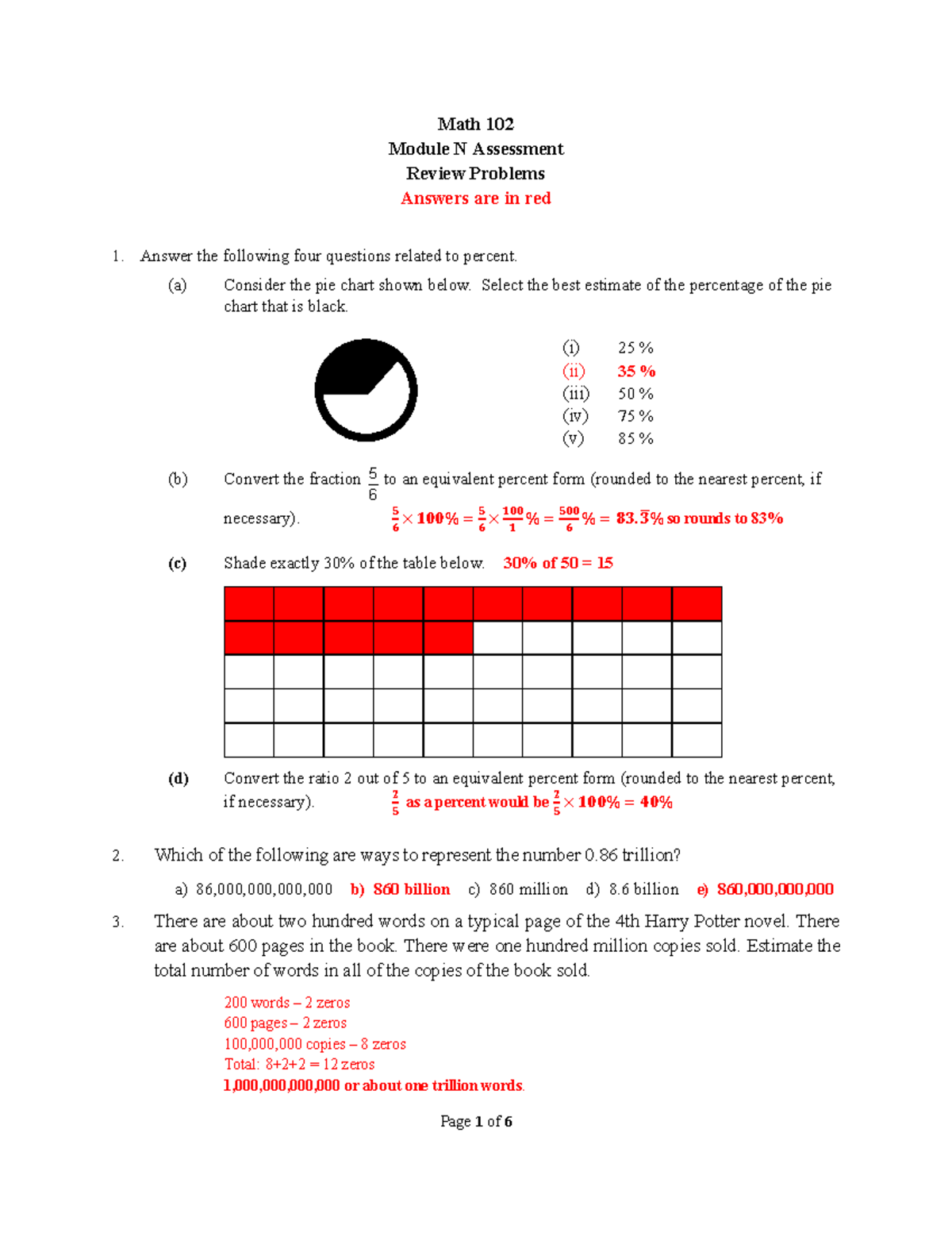Math 102 Module N Assessment Review Problems answers - Math 102 Module ...