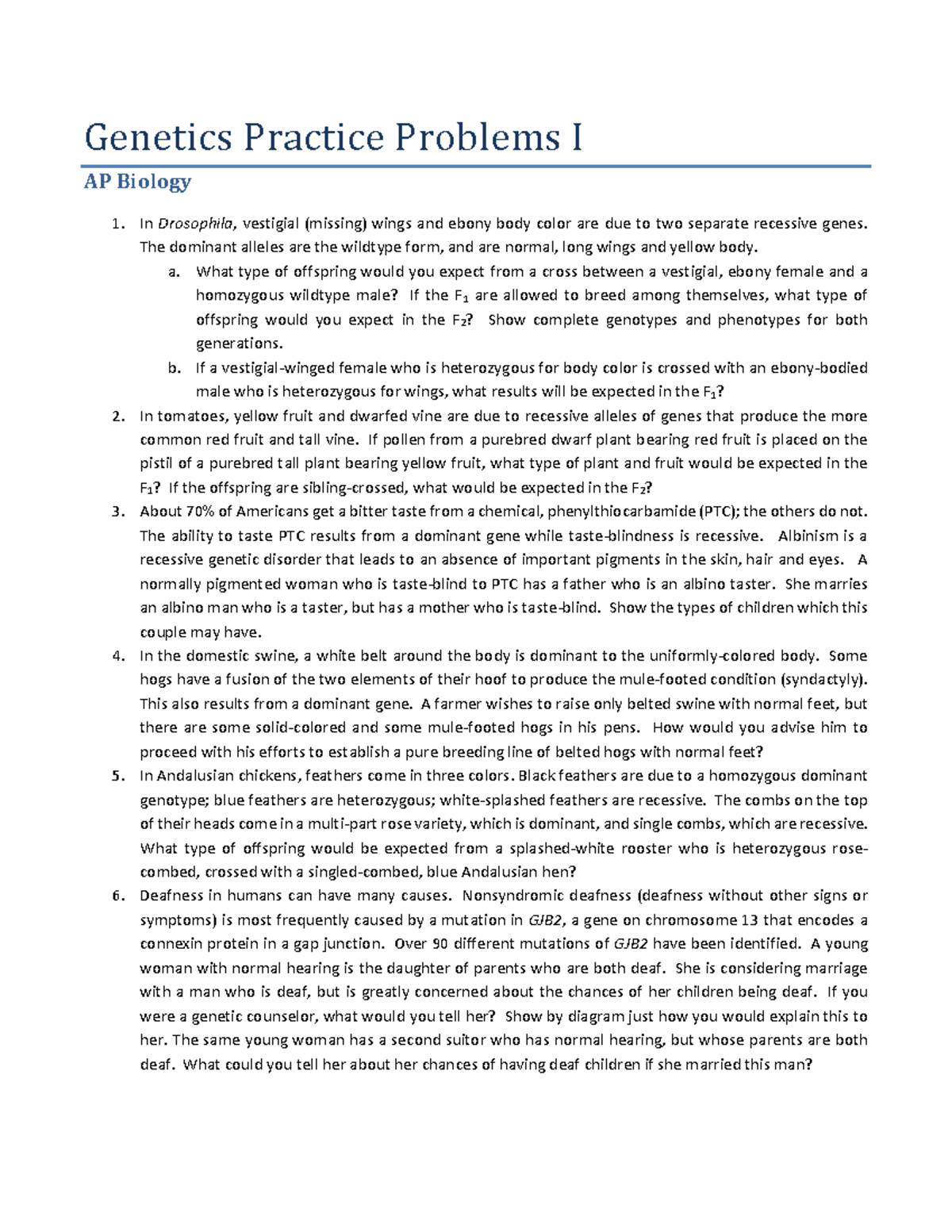 Genetics Practice Problems I - The dominant alleles are the wildtype ...