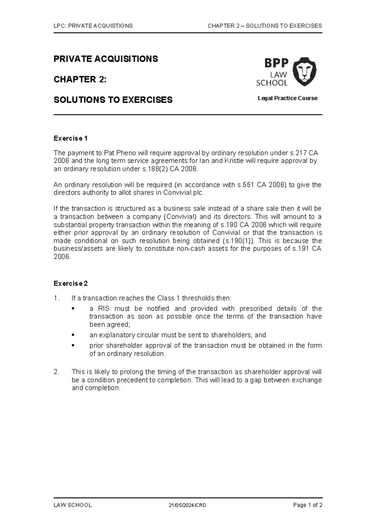 PA Chapter 2 Solutions to Exercises 2023-24 - LPC: PRIVATE ACQUISTIONS ...