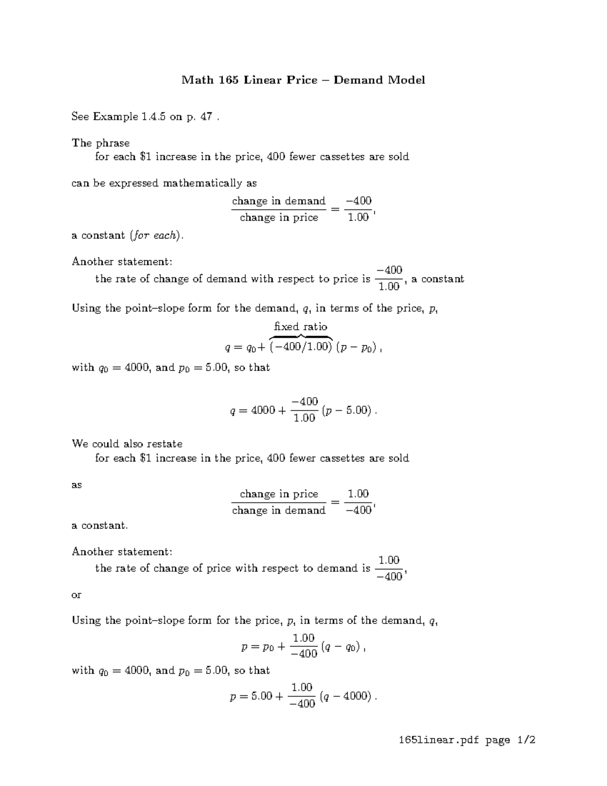 Math 165 Linear Price – Demand Model - Math 165 Linear Price Demand ...