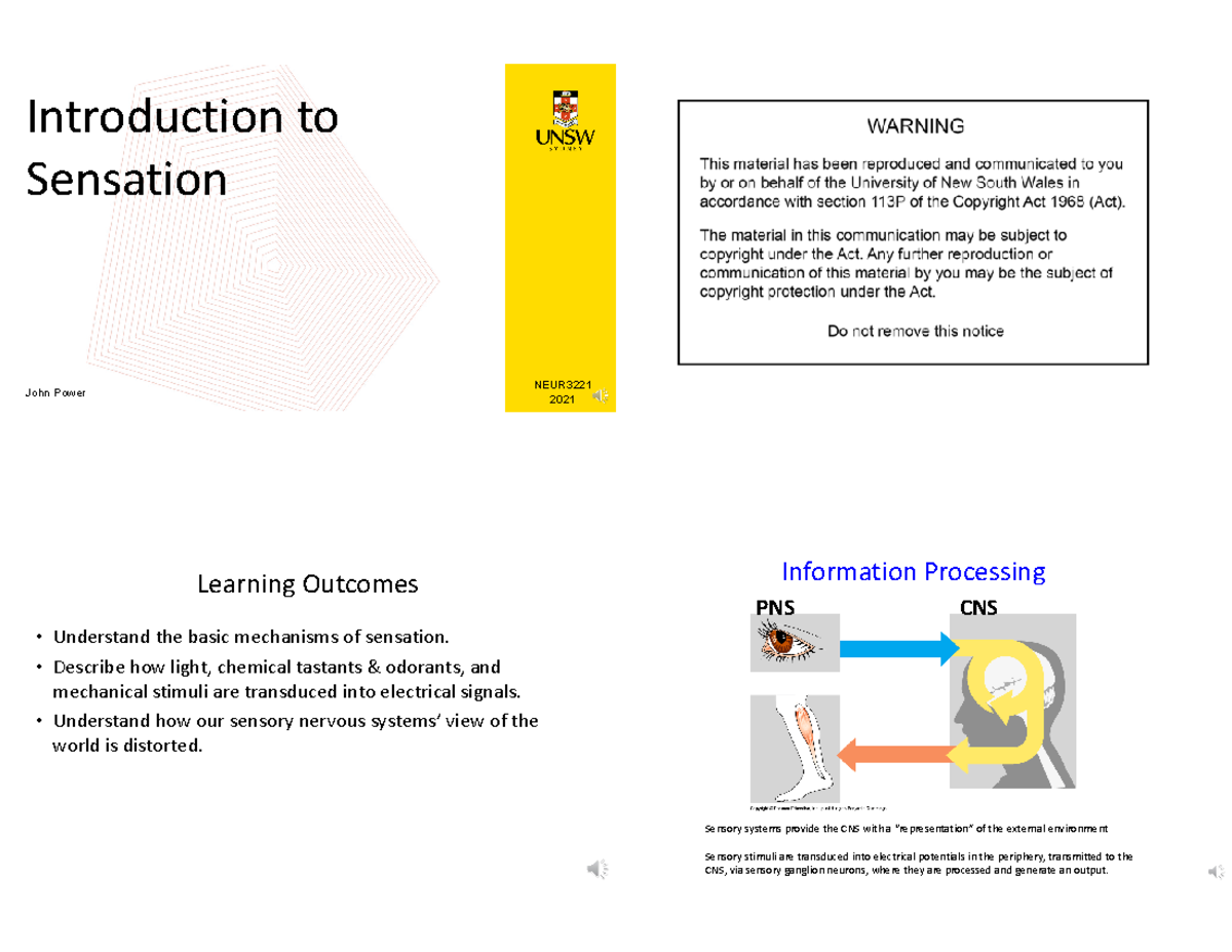 4 - Lecture 4 Notes - Introduction to Sensation John Power NEUR 2021 ...