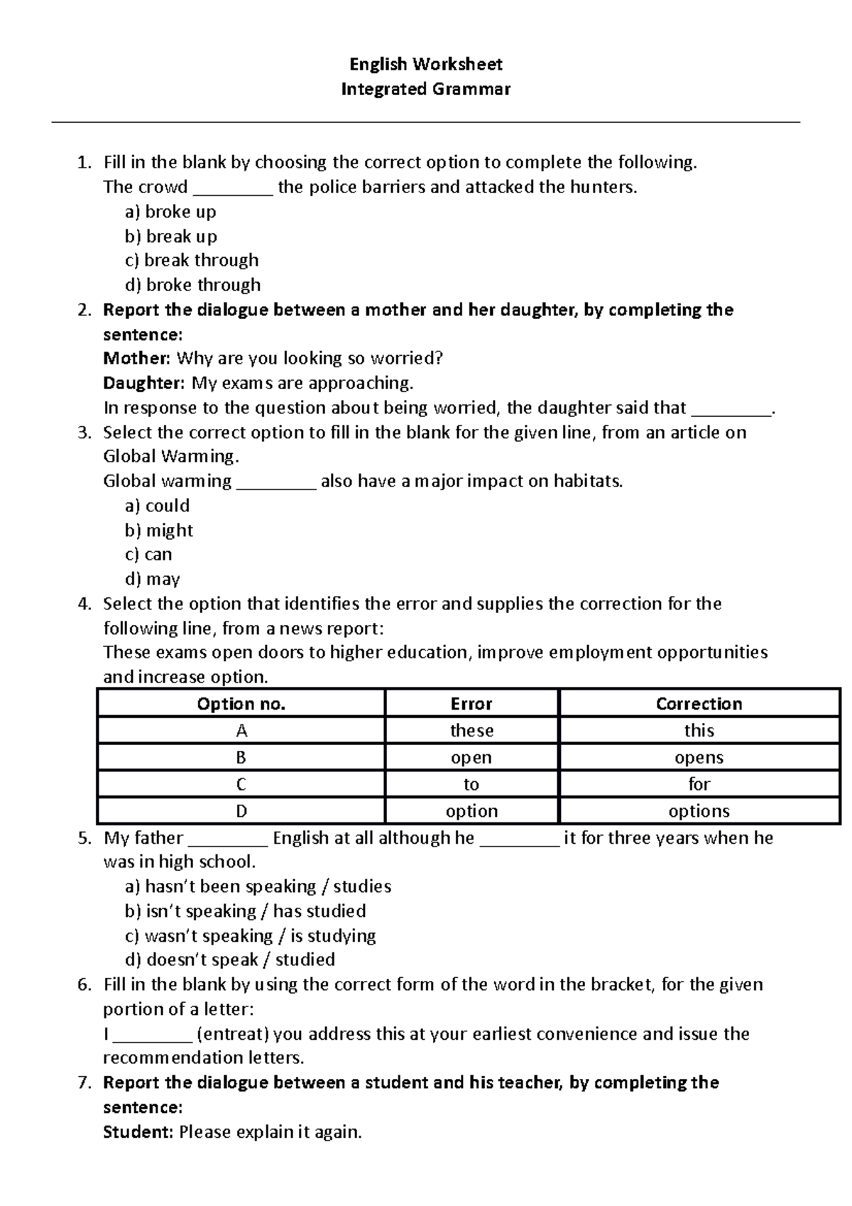 Grammar Worksheet Integrated Grammar - English Worksheet Integrated ...