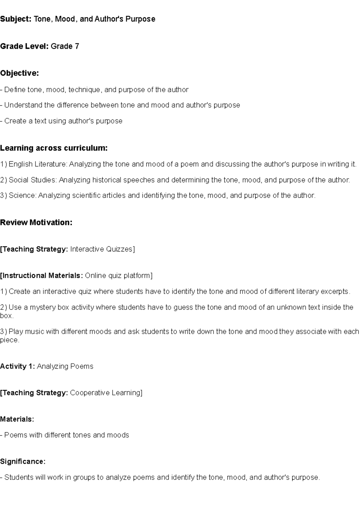 Lesson plan-2 - asa - Subject: Tone, Mood, and Author's Purpose Grade ...