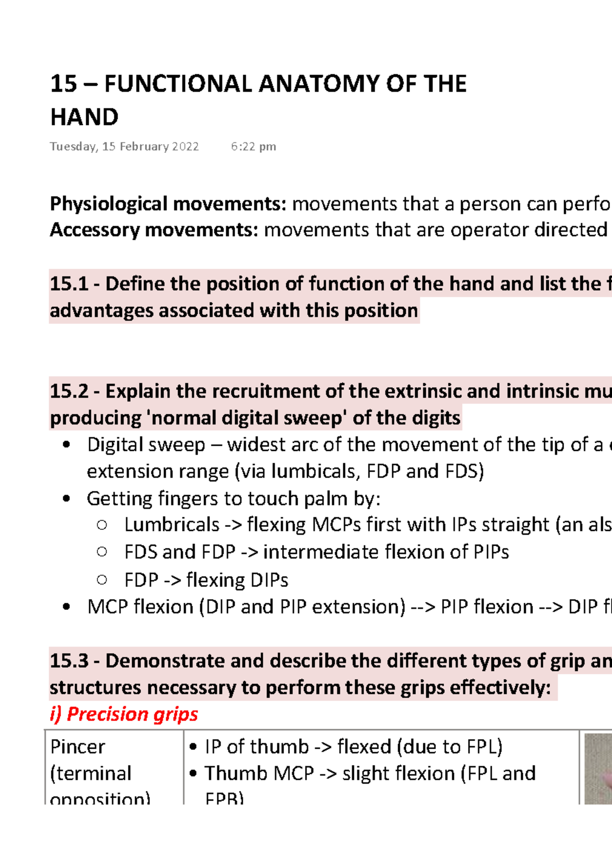 15 – Functional Anatomy OF THE HAND - Physiological movements ...