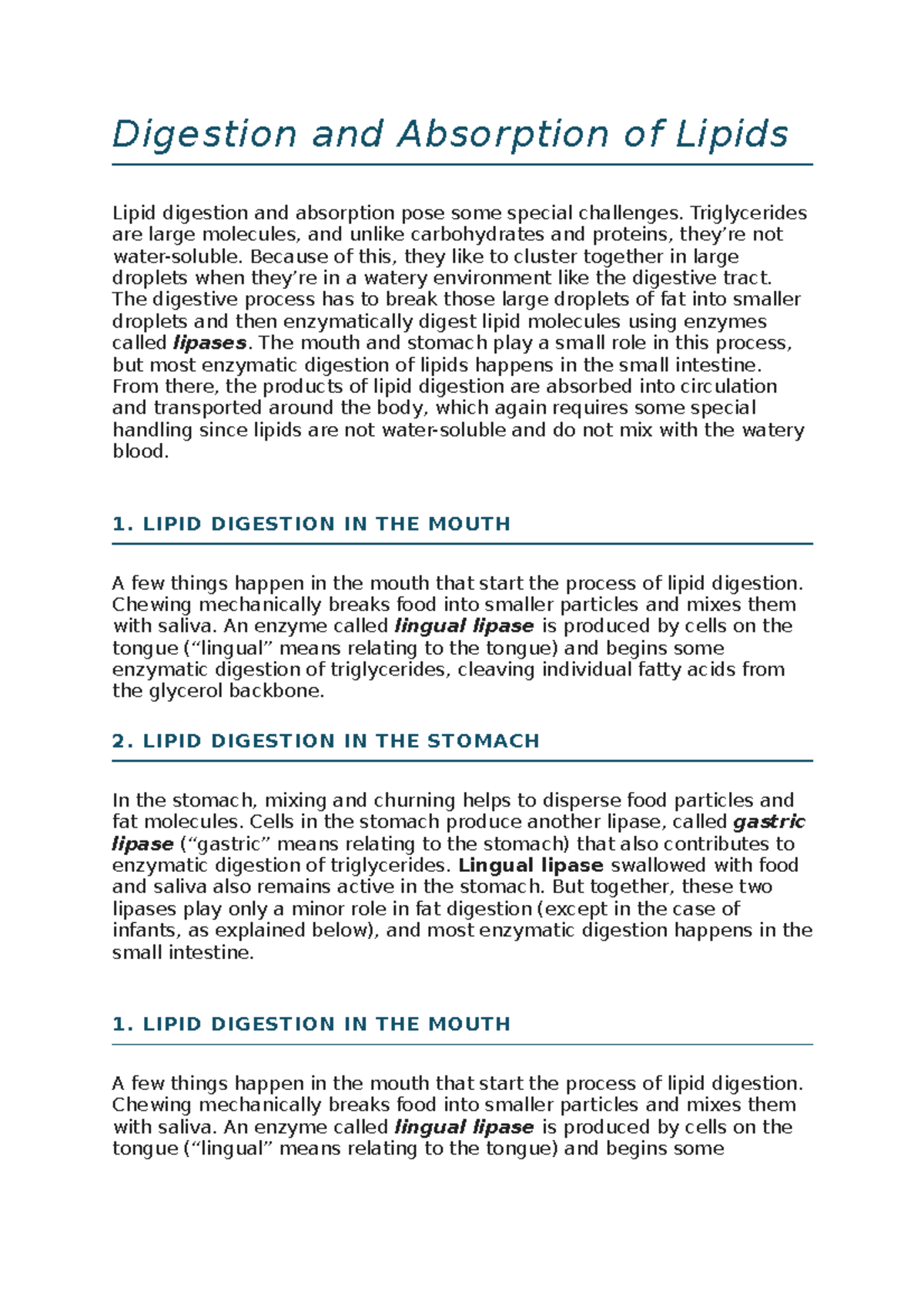 Digestion and Absorption of Lipids - Triglycerides are large molecules ...
