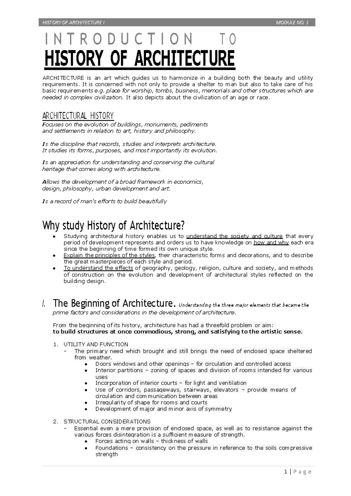 NU Module 1 - Introduction TO History OF Architecture - 1 | P a g e ####### HISTORY OF ...