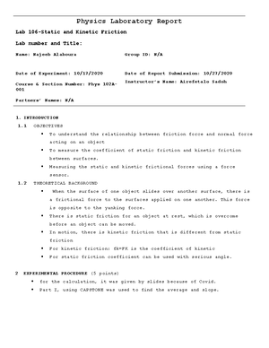 Lab 109- mechanical - Physics Laboratory Report LAB 109- One D Motions ...