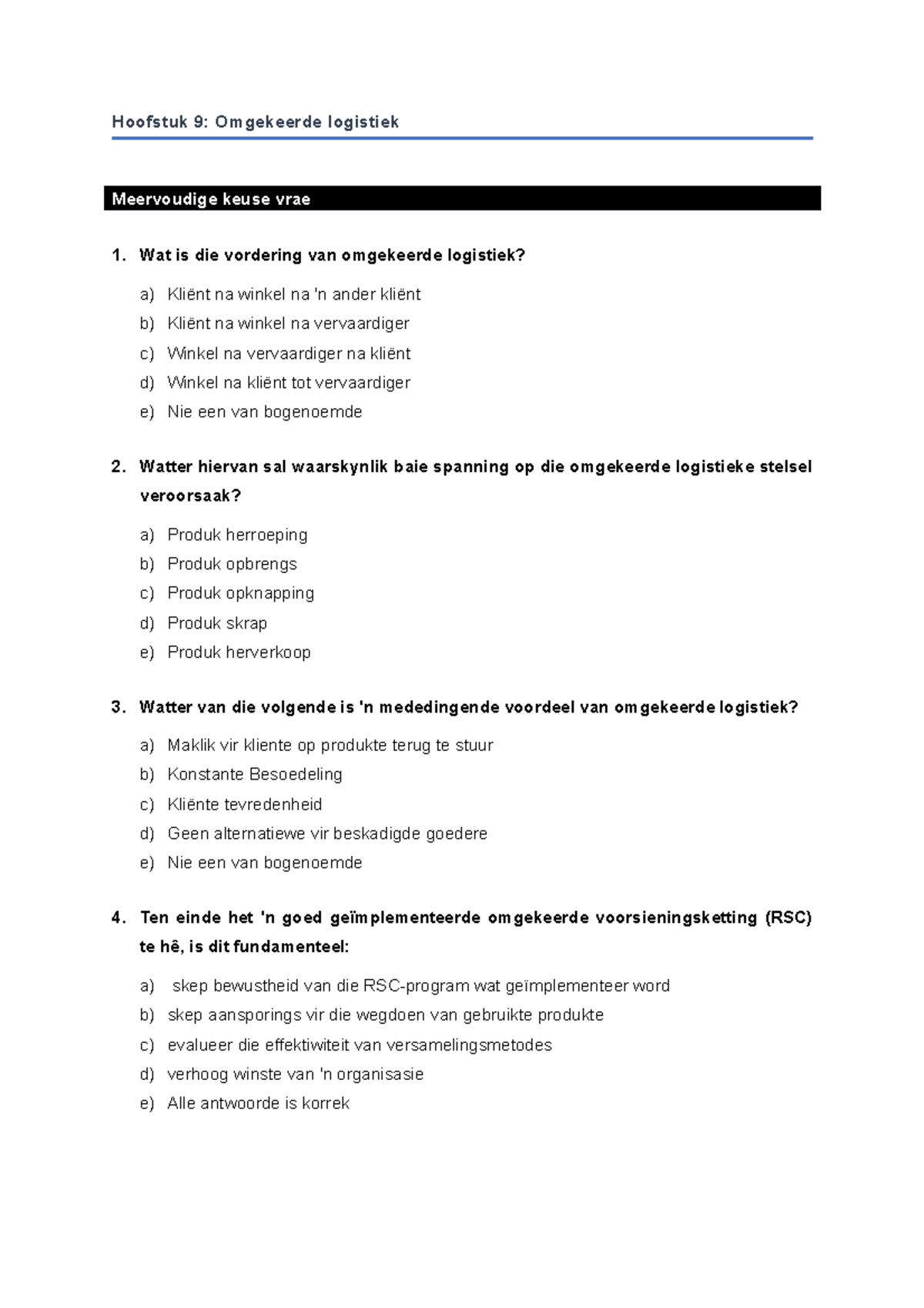 EBGVK 582 Hoofstuk 9 en 12 oefen vrae - Hoofstuk 9: Omgekeerde ...