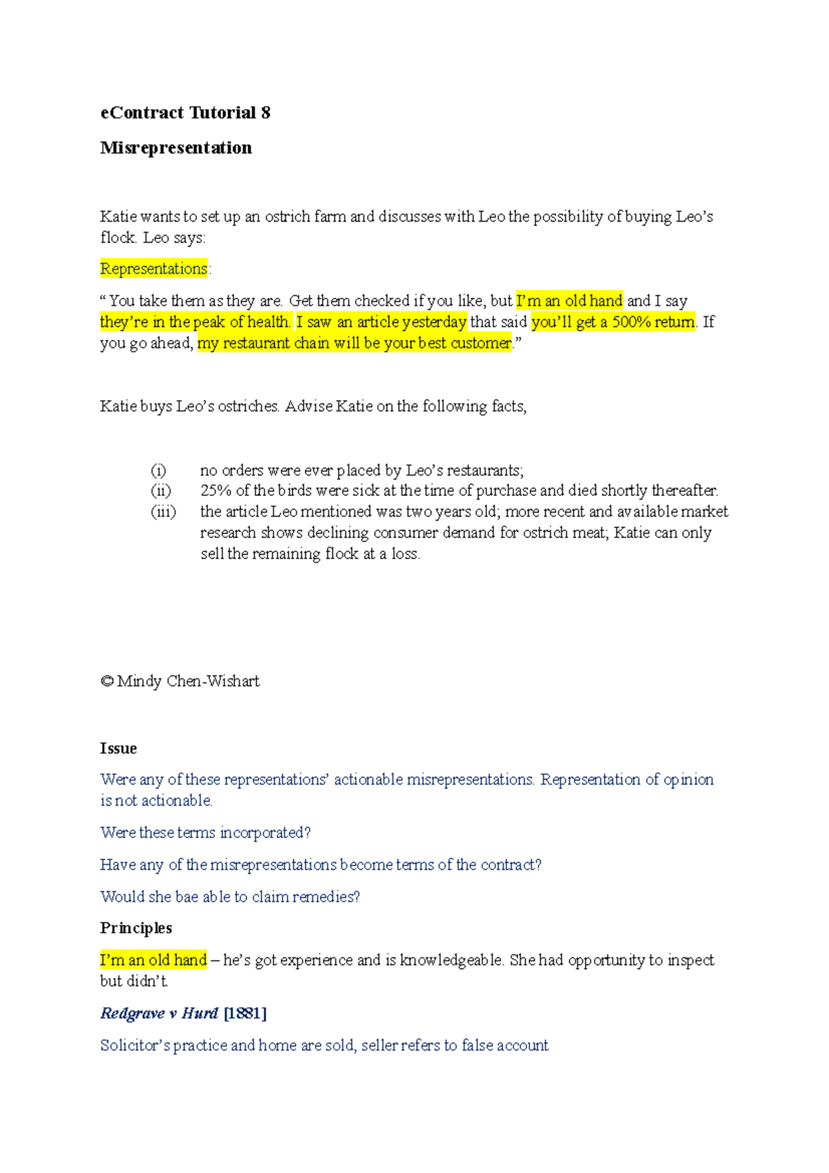 Contract Tutorial 8 Misrep - eContract Tutorial 8 Misrepresentation Katie wants to set up an ...