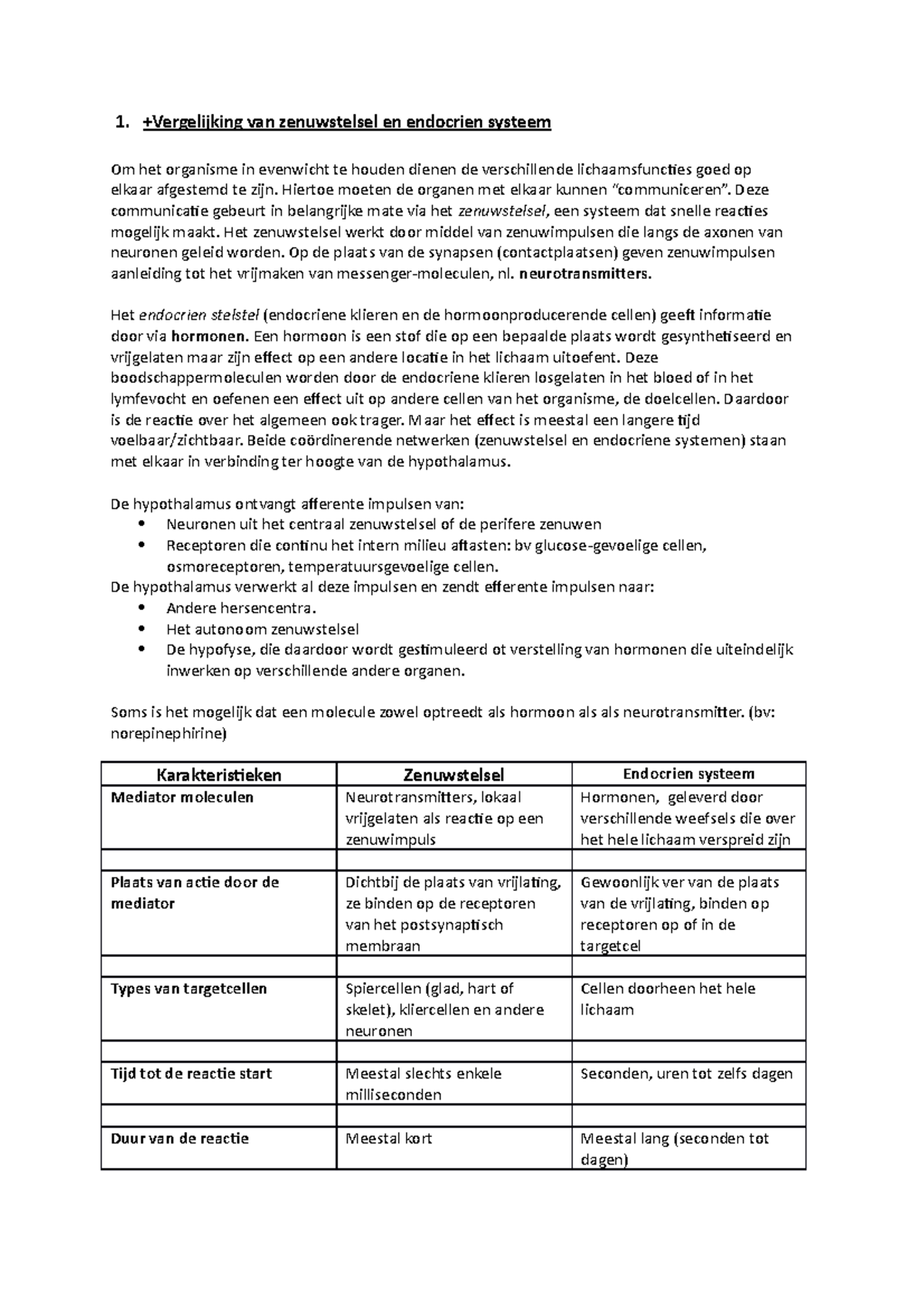 Endocriene systemen - College-aantekeningen 3-5 - 1. +Vergelijking van ...