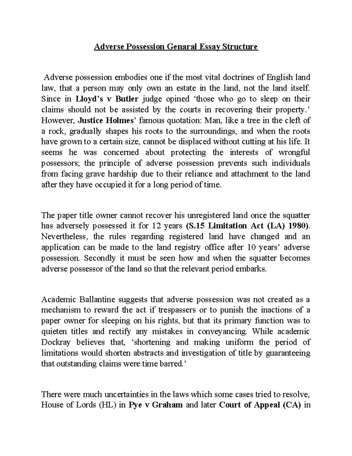 General Essay Structure on Adverse Possession - Adverse Possession ...