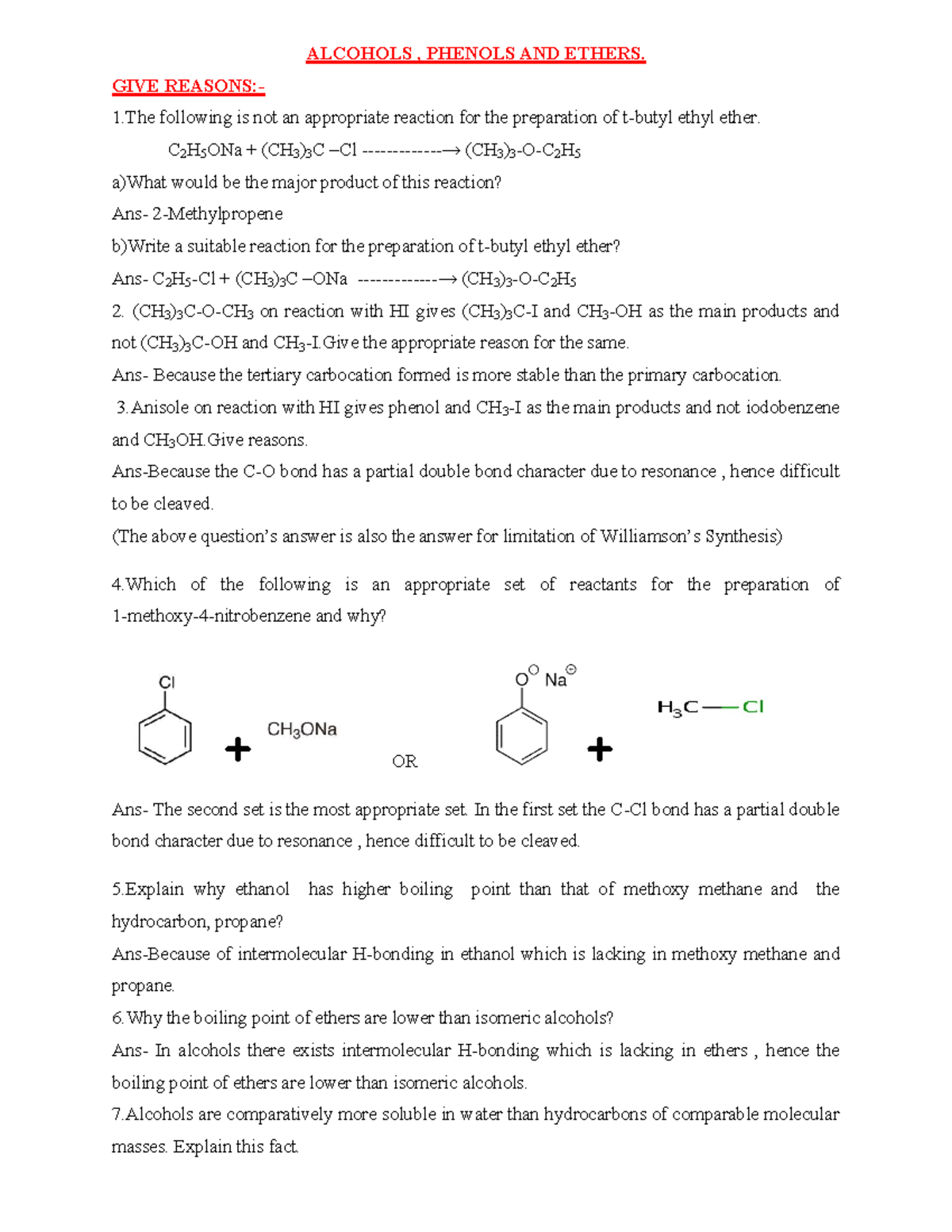 Alcohols, Phenol AND Ethers ( Subjective) - ALCOHOLS , PHENOLS AND ...