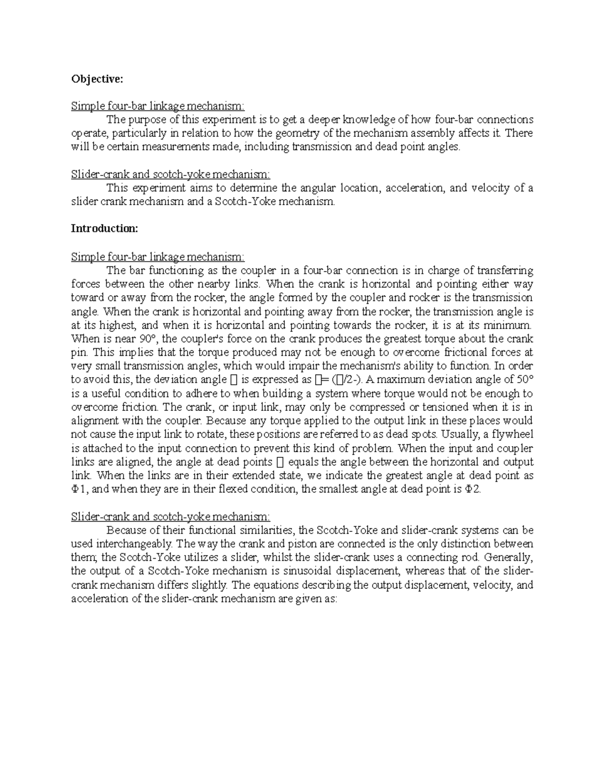 Lab Report 3 MECH 343 - Objective: Simple four-bar linkage mechanism ...