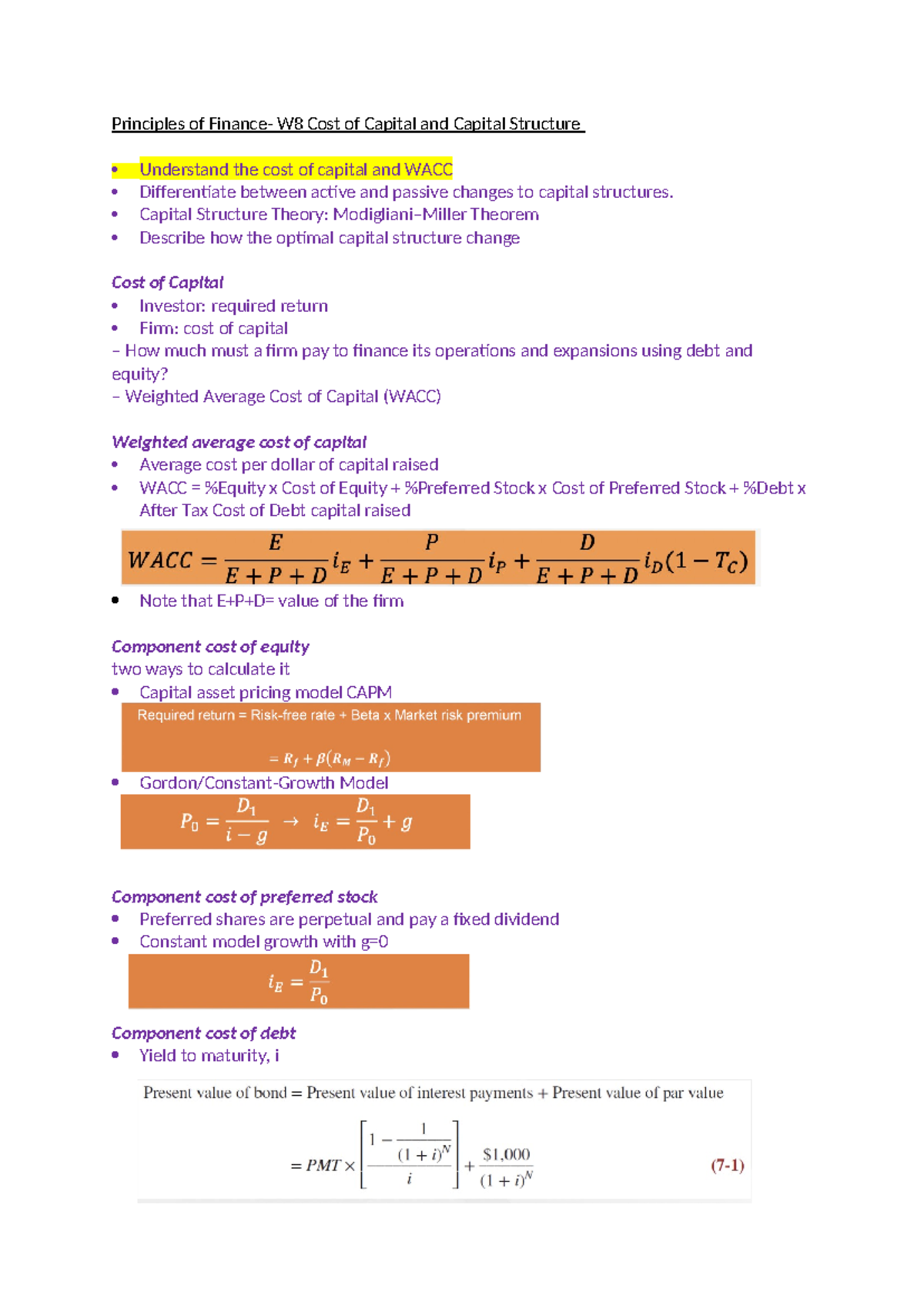 Principles of Finance W8 - Capital Structure Theory: Modigliani–Miller Theorem Describe how the ...