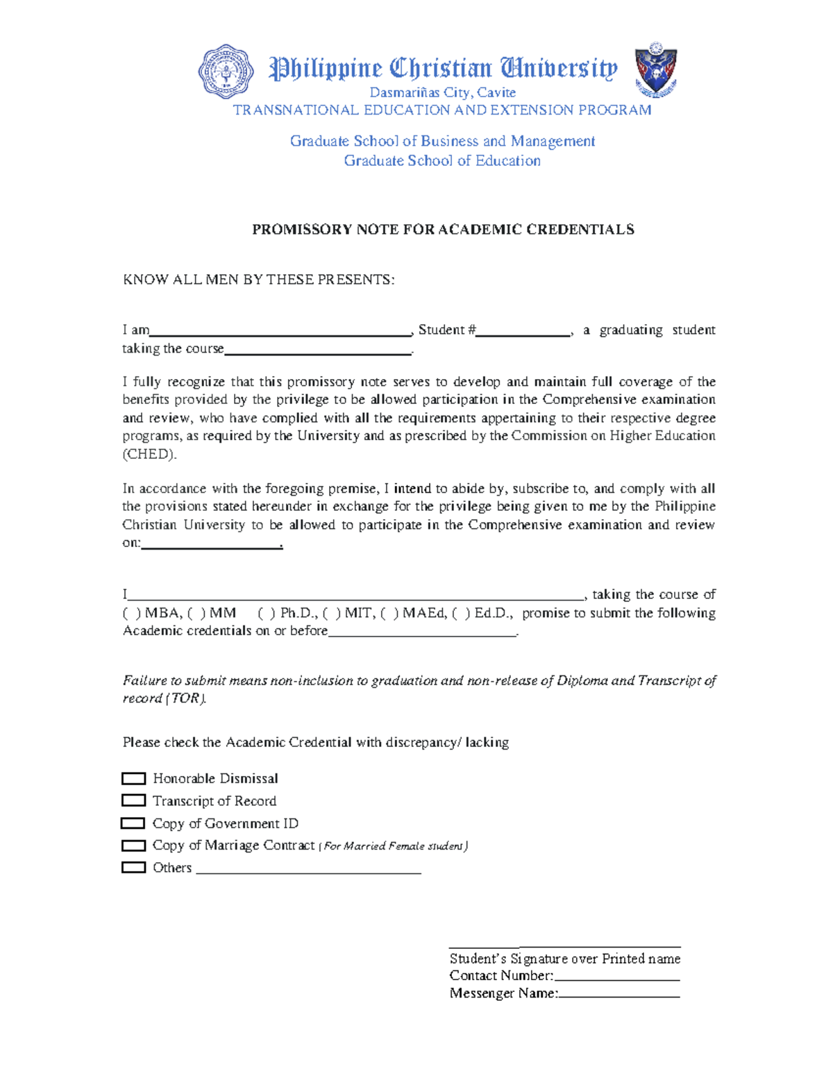 Promissory-note-Updated- Philippine Christian University Dasmariñas ...