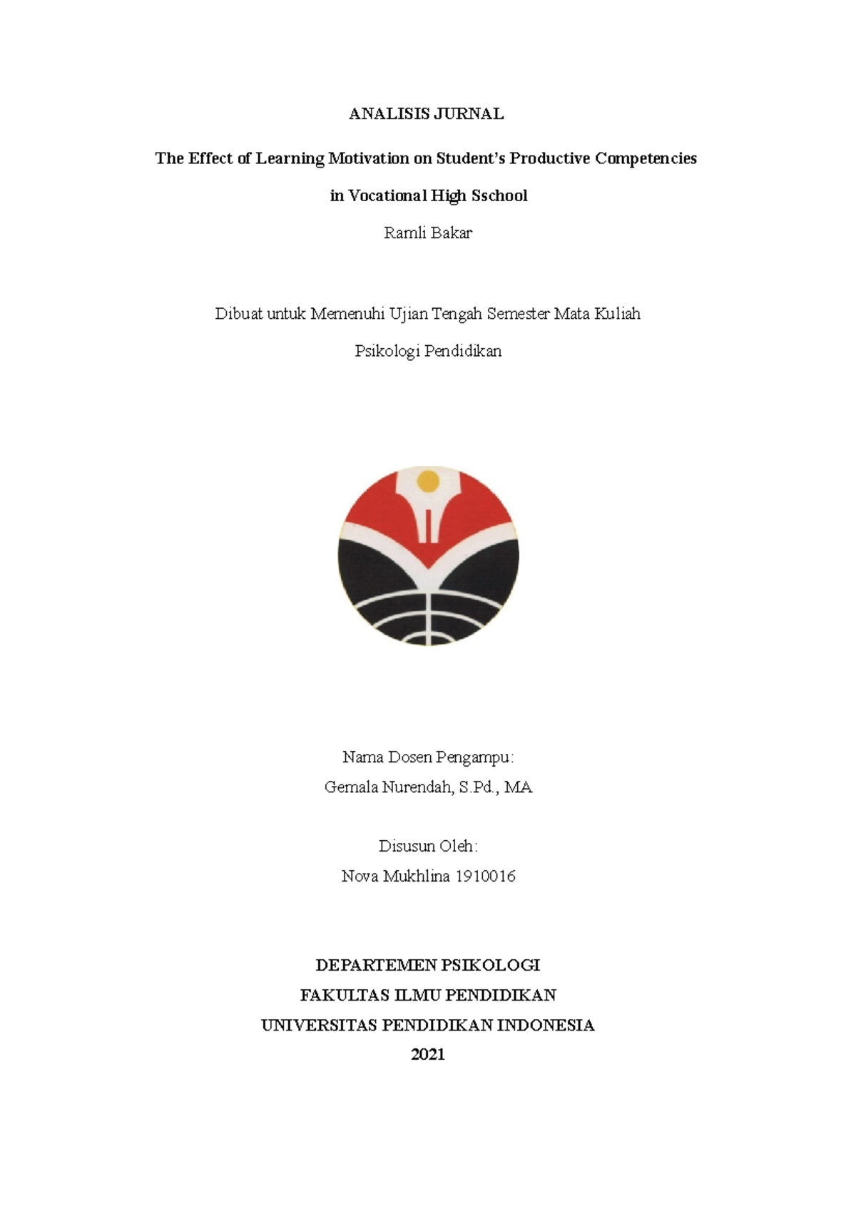 Analisis Jurnal - ANALISIS JURNAL The Effect of Learning Motivation on ...