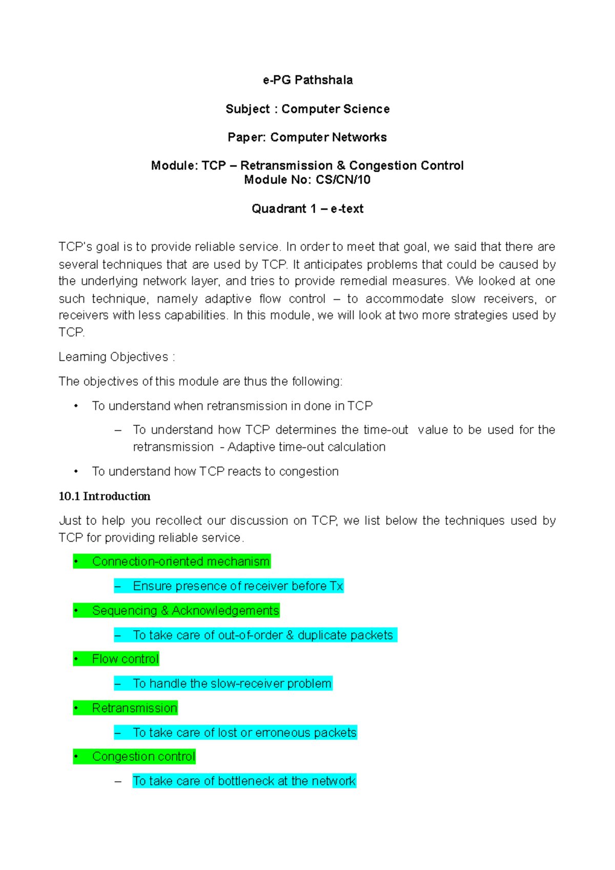 Computer Networks mod10TCPRe Tx Congestion Control Q1 etext - e-PG ...