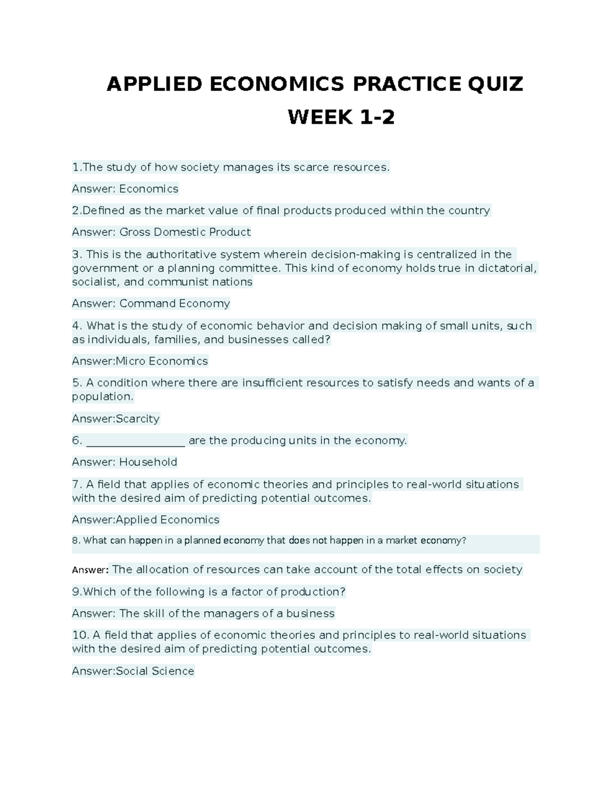 Applied Economics Practice Quiz Grade-12 Ama computer university WEEK 1 ...