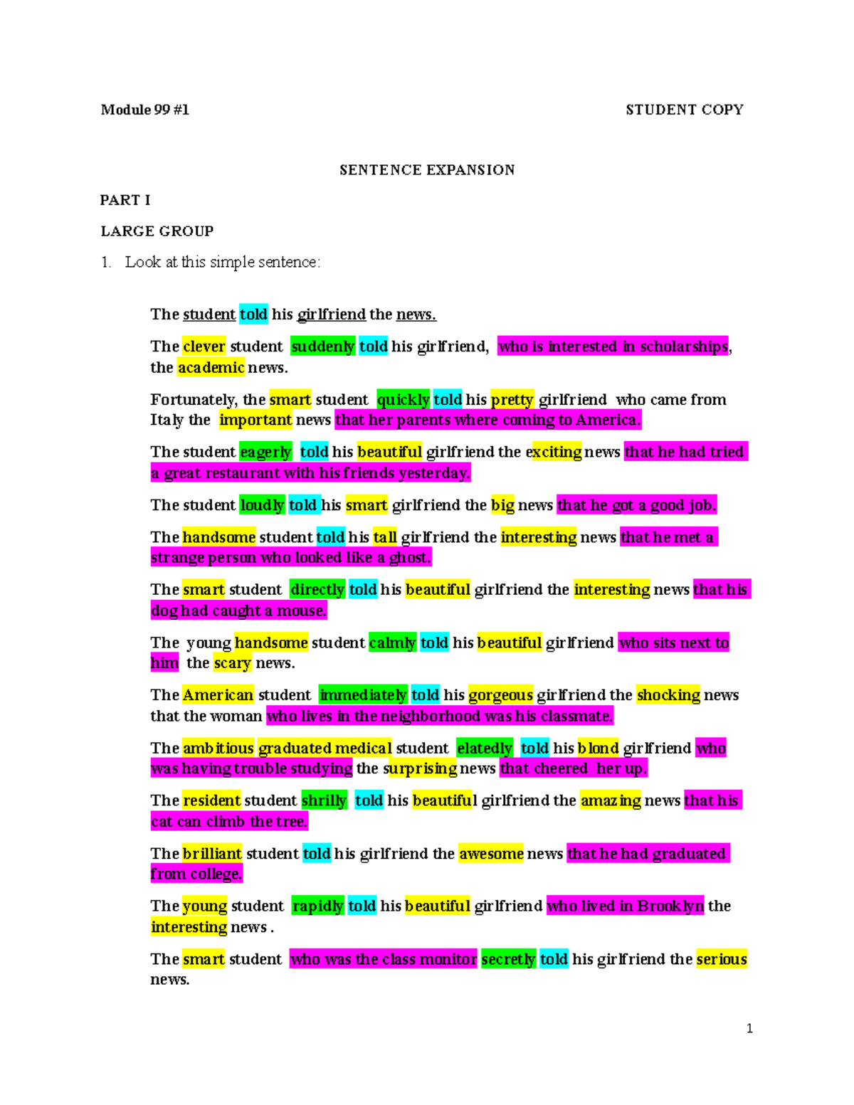 Class WORK 99#1 Sentence Expansion - student worksheet(2) - Module 99 ...