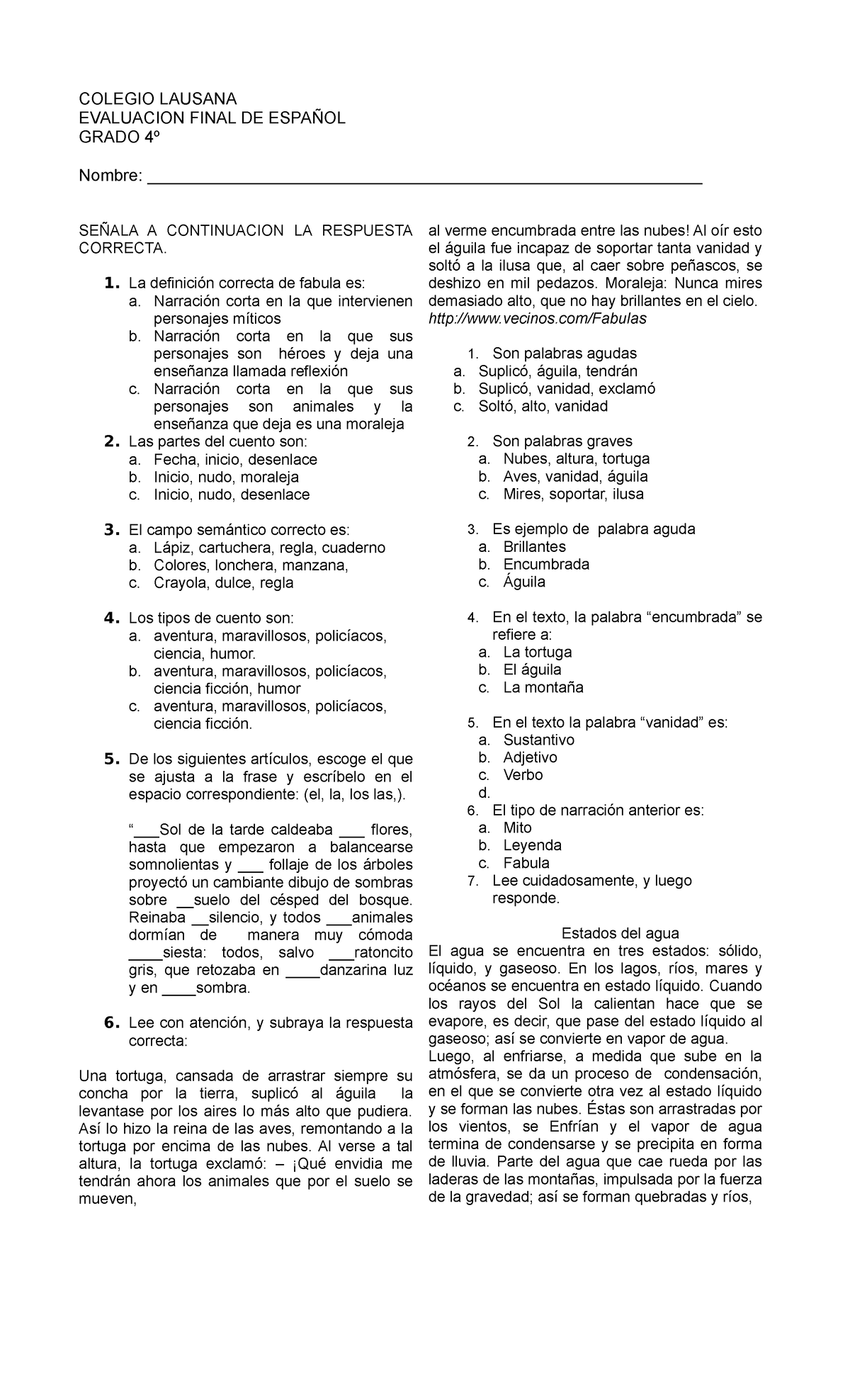 examens de español - COLEGIO LAUSANA EVALUACION FINAL DE ESPAÑOL GRADO ...