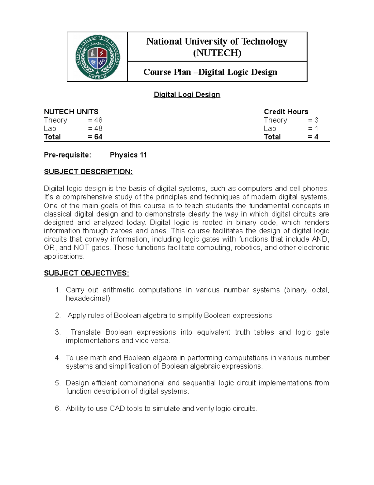 Digital Logic Design Assignments Solved Nutech Course Plan