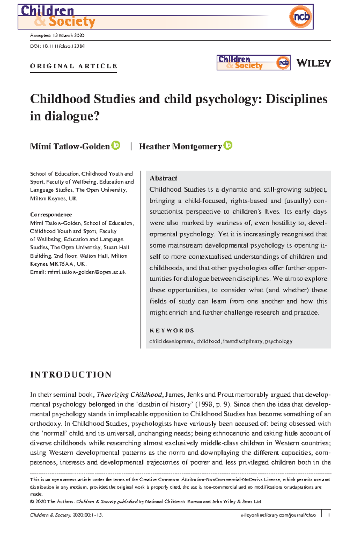 Childhood Studies and child psychology Disciplines - Children & Society ...